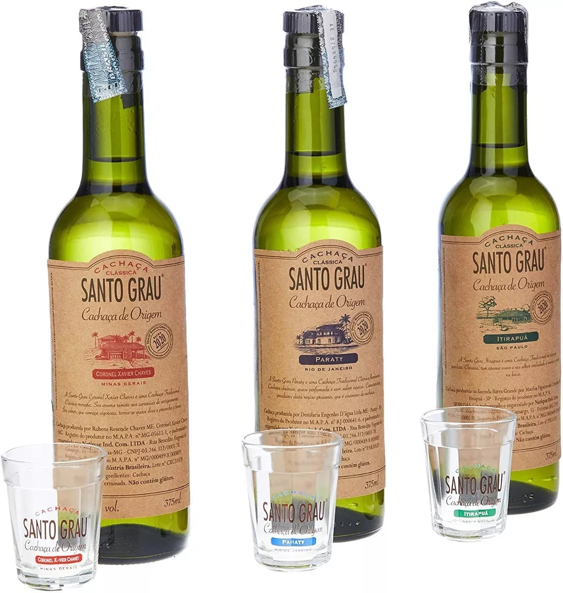 Santo Grau Classic Aperitif Cachaças Kit 3x375ml + 3 Personalized Glas